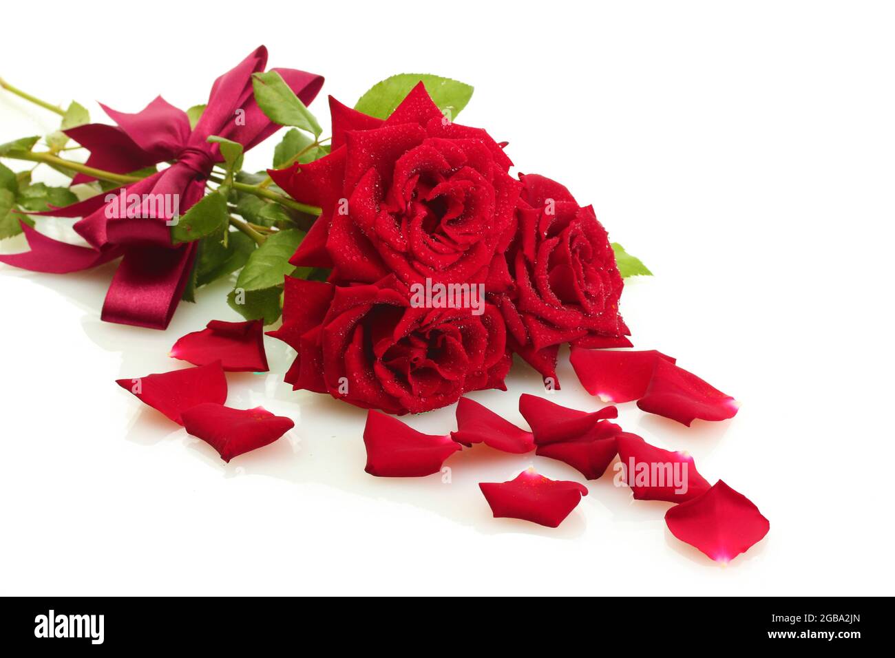 three beautiful red roses with drops isolated on white Stock Photo - Alamy