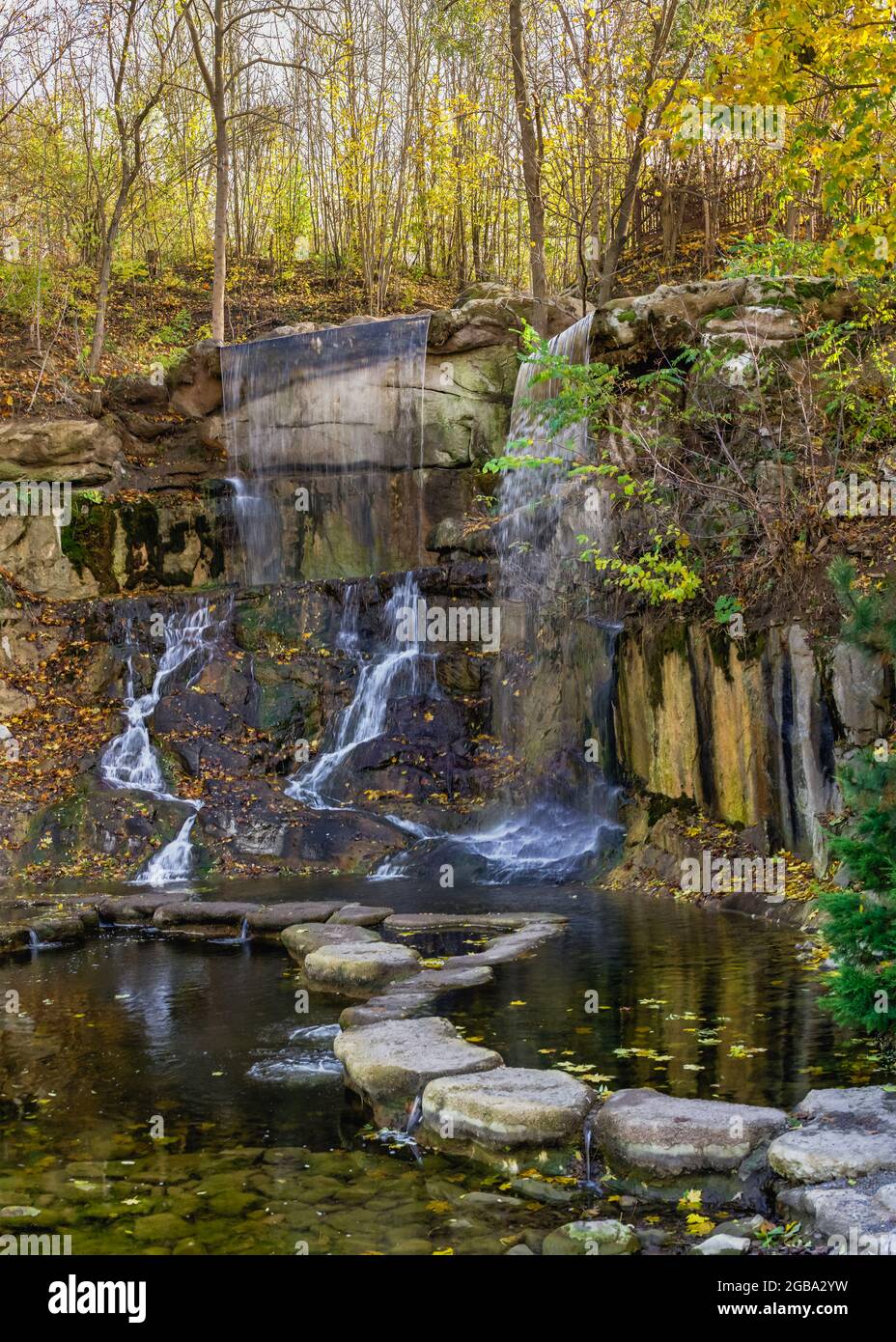 Waterfall in the Sofievsky arboretum or Sofiyivsky Park in Uman ...