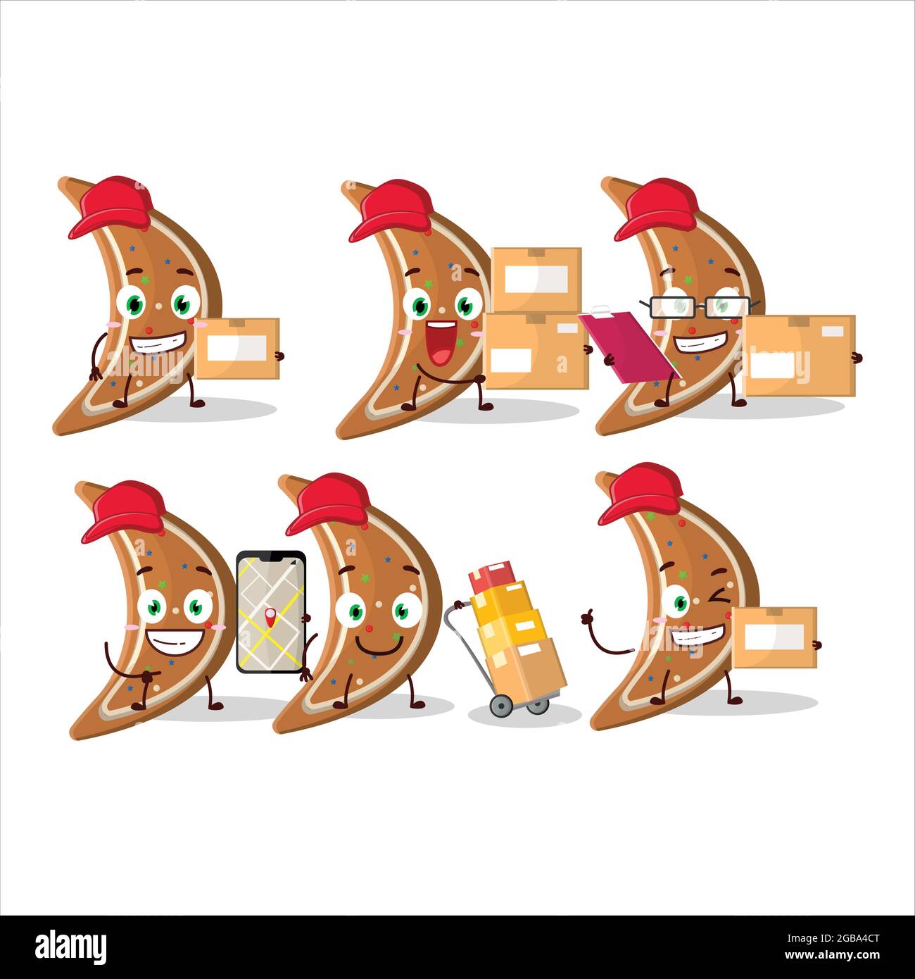 Cartoon character design of gingerbread moon working as a courier ...