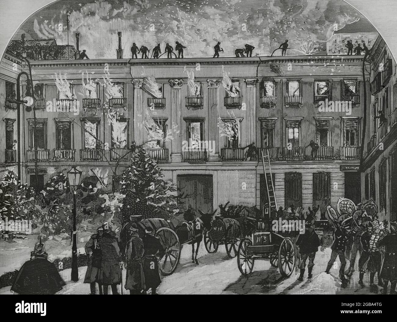 Spain, Madrid. Fire at the War Ministry. Aspect of the central ...