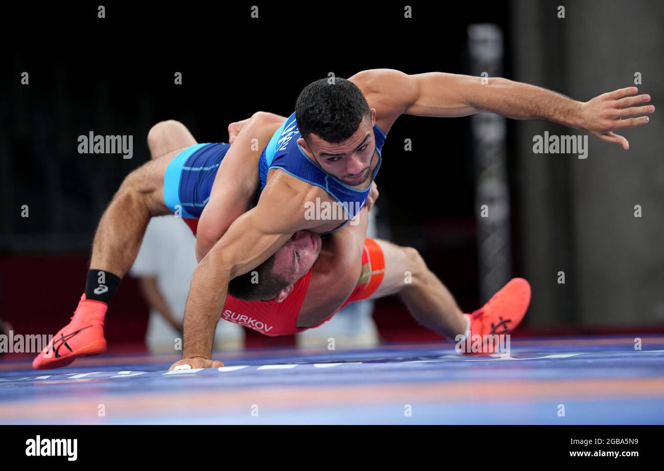 Chiba, Japan. 3rd Aug, 2021. Parviz Nasibov (top) of Ukraine competes ...