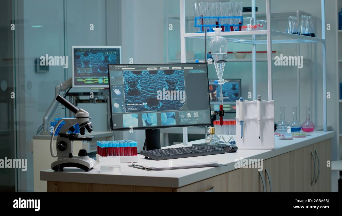 Empty laboratory space with biochemistry equipment used for research ...