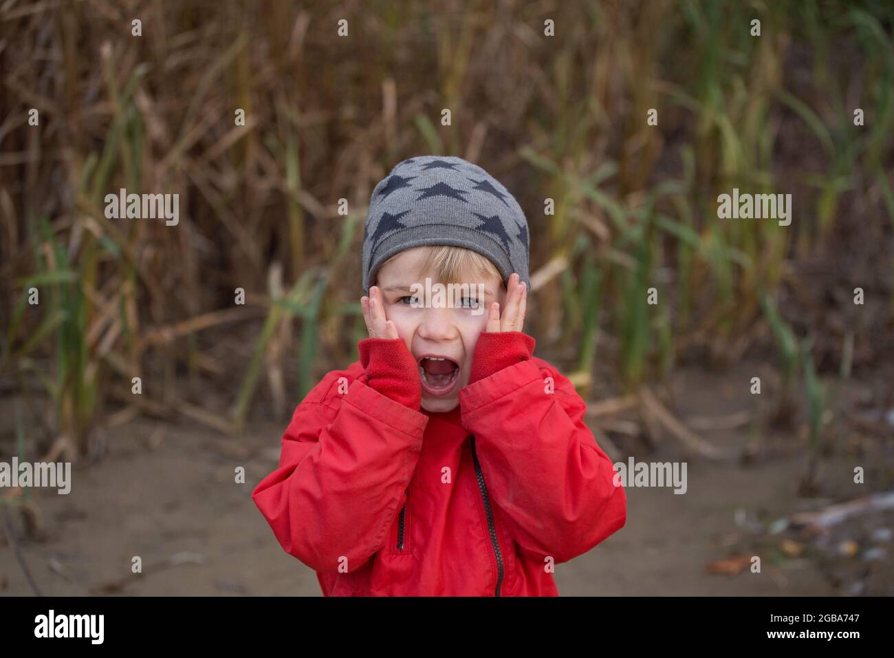 portrait of cute toddler boy in red jacket with bright emotion on his ...