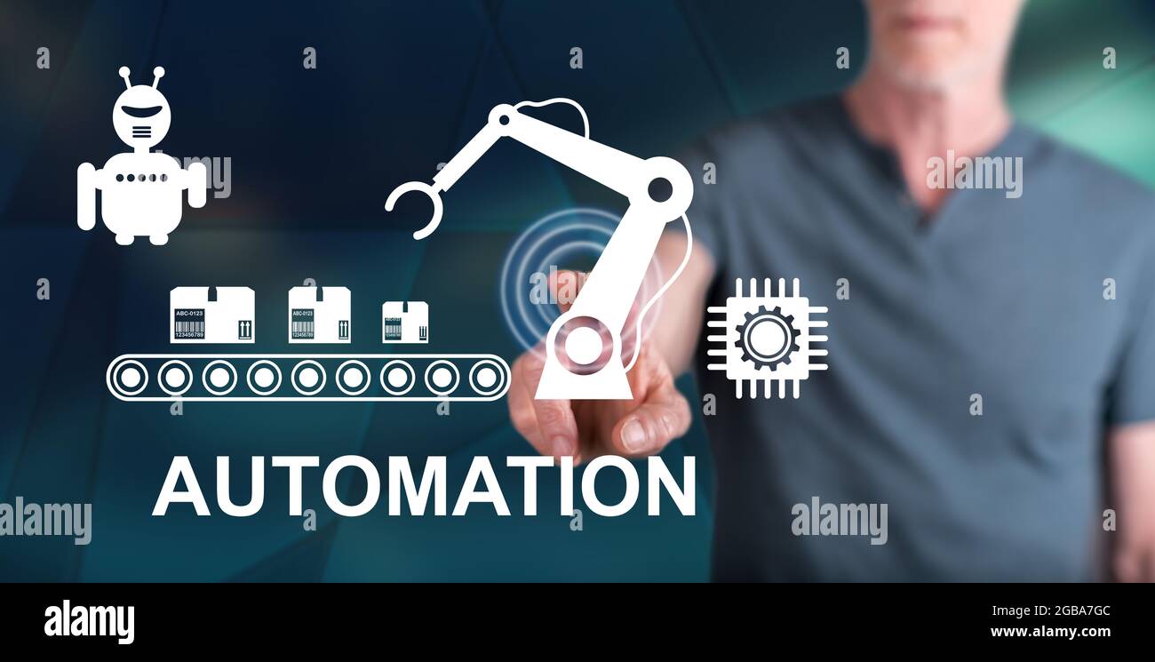 Man touching an automation concept on a touch screen with his finger ...