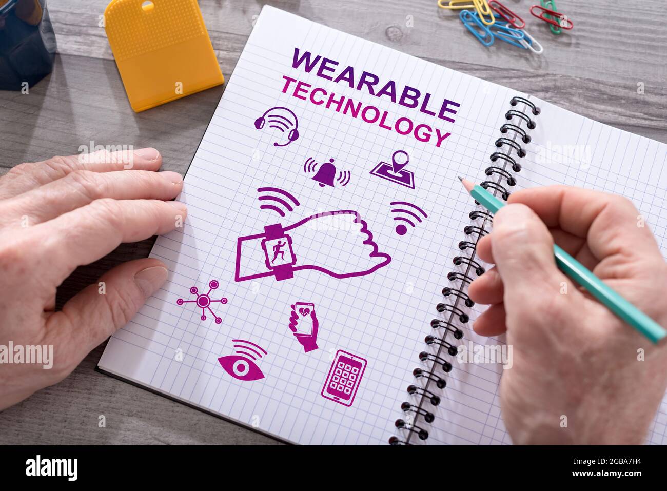 Wearable technology concept drawn on a notepad placed on a desk Stock ...