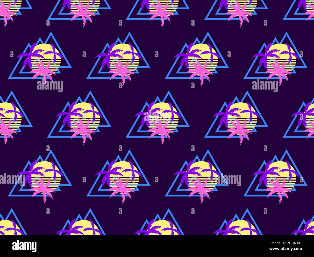 80s sunset with palm trees seamless pattern. Retro futuristic sun ...