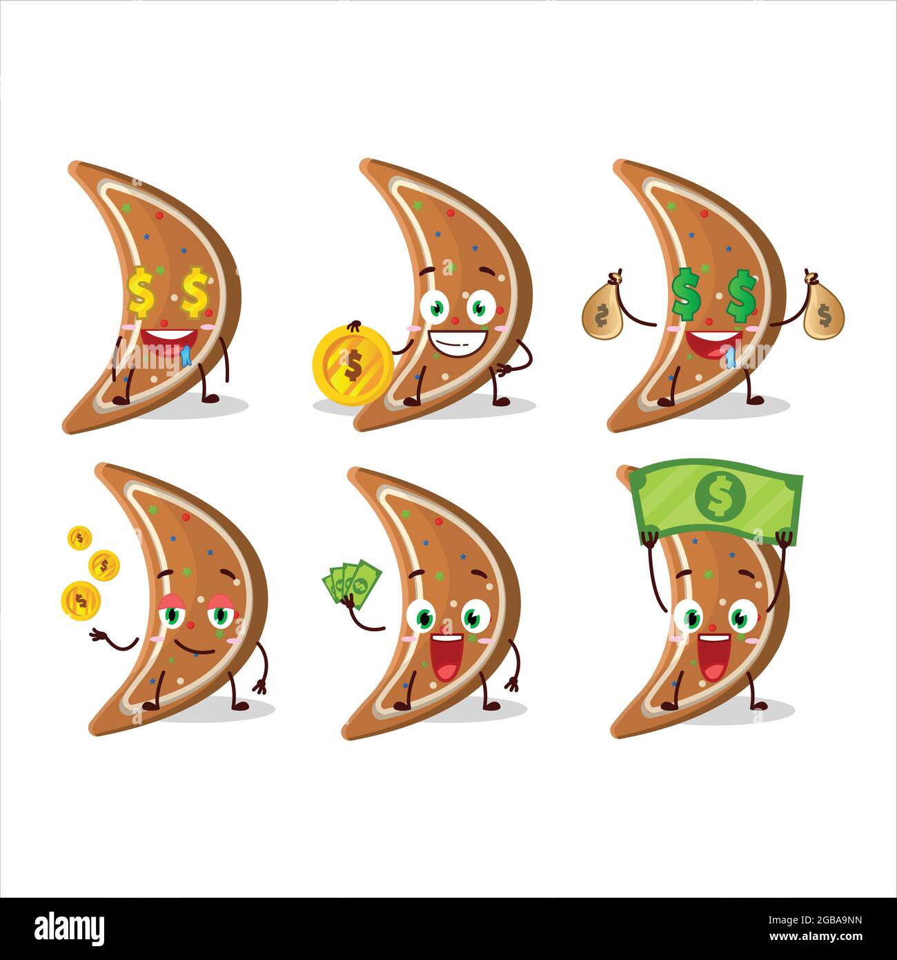 Gingerbread moon cartoon character with cute emoticon bring money ...