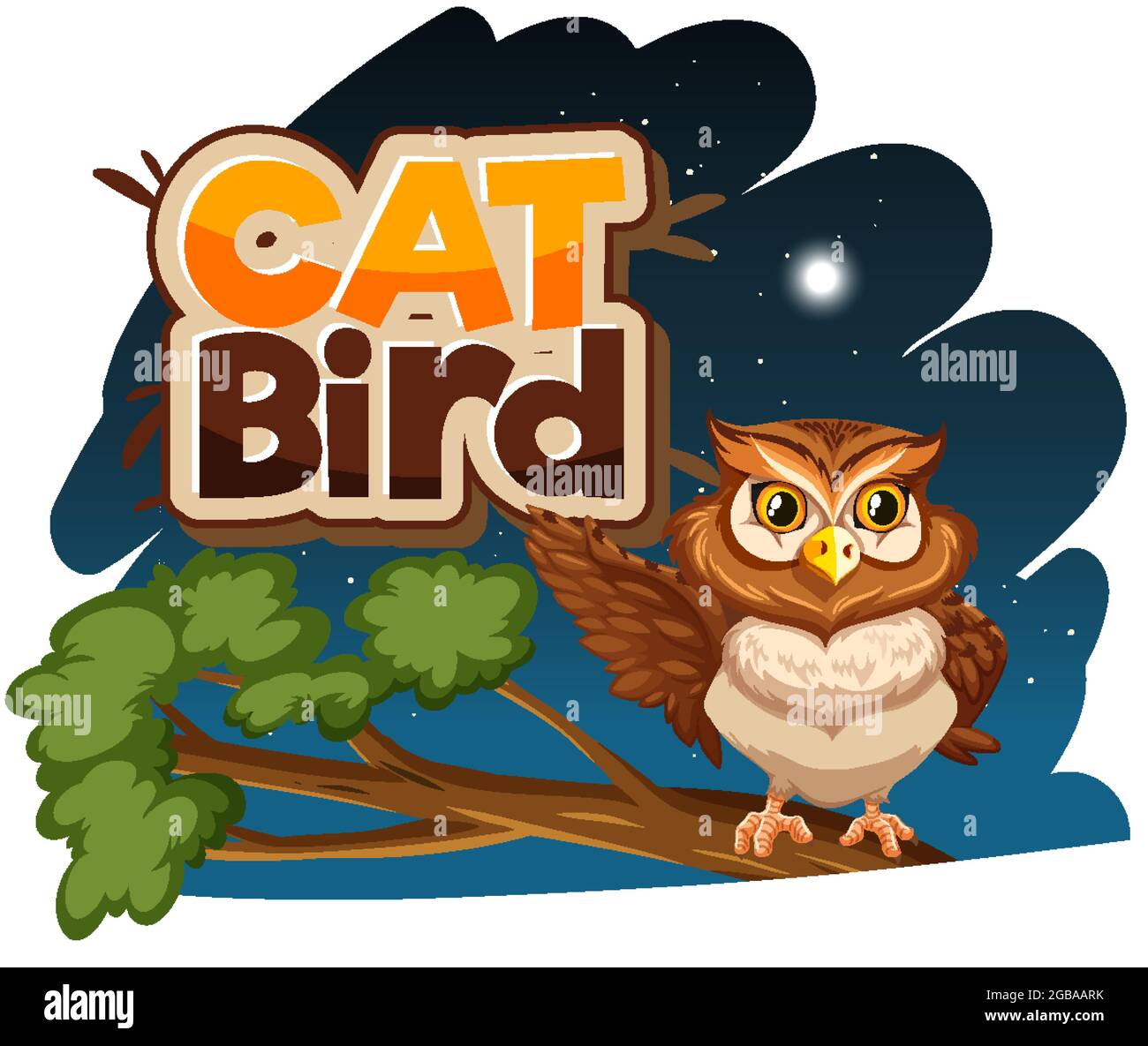 Owl cartoon character at night scene with Cat Bird font banner isolated ...