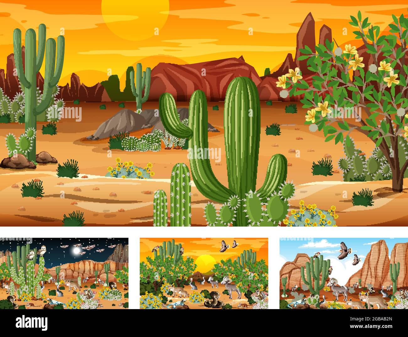 Different scenes with desert forest landscape illustration Stock Vector ...