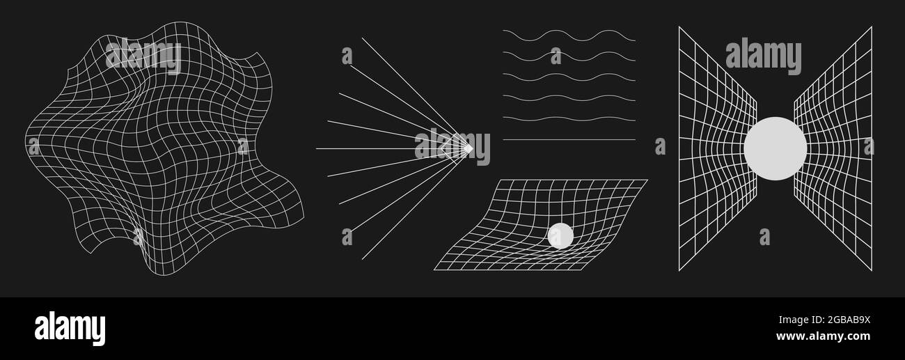 Set of retrofuturistic design elements. Liquid distorted grid, gravity ...