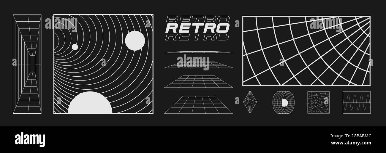 Set of retrofuturistic design elements, perspective grids, tunnel, RETRO title, polar grid ...