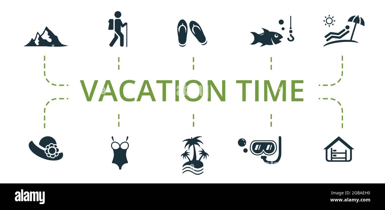 Vacation Time icon set. Contains editable icons theme such as swimsuit ...