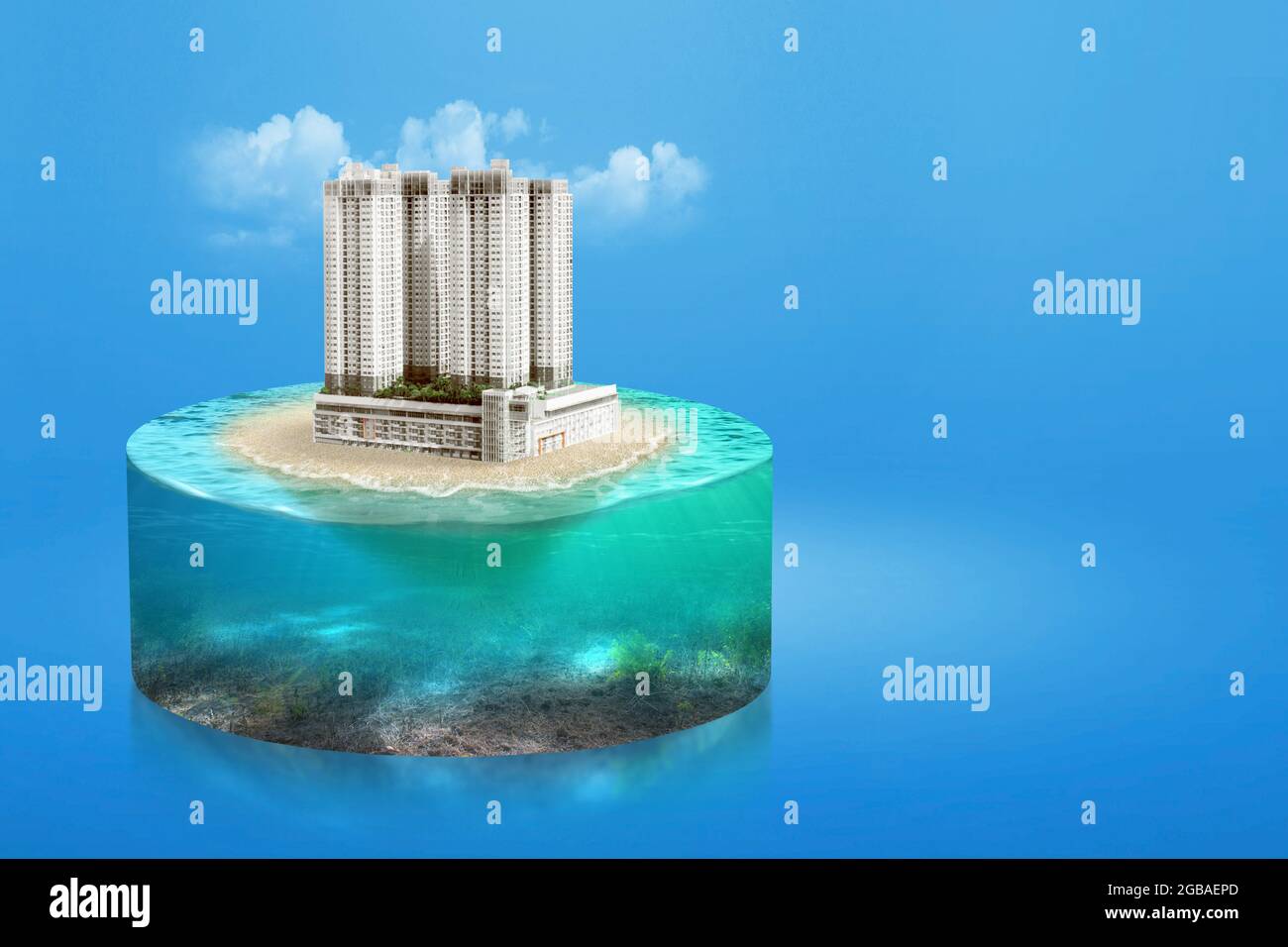 Underwater view of blue water on the ocean with the little island with ...