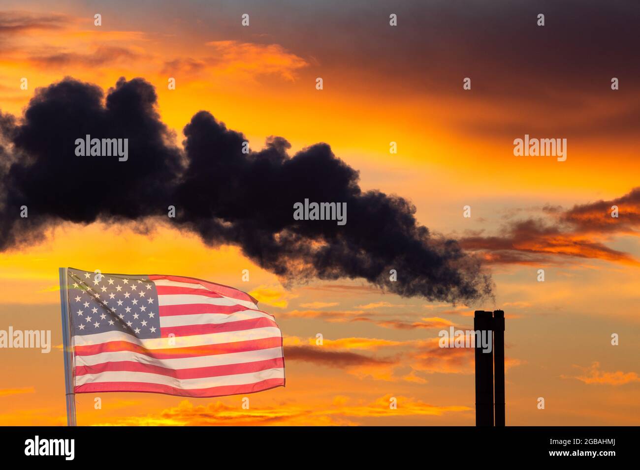 Black smoke from factory chimney with USA flag. Global warming, climate ...
