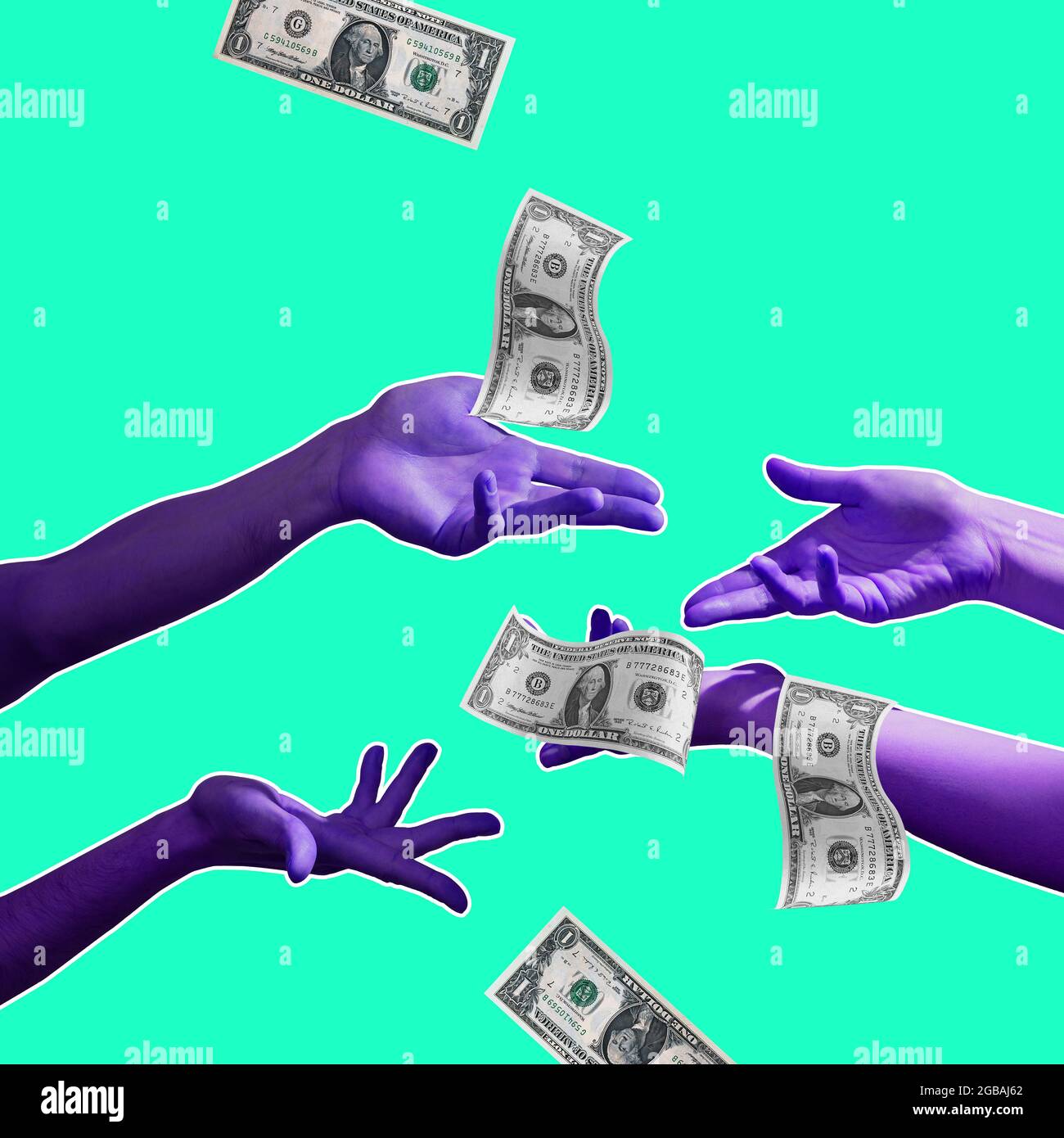 Painted purple hands catching money on bright neon background, artwork ...