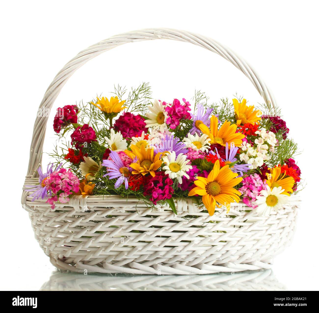 beautiful bouquet of bright wildflowers in basket, isolated on white ...