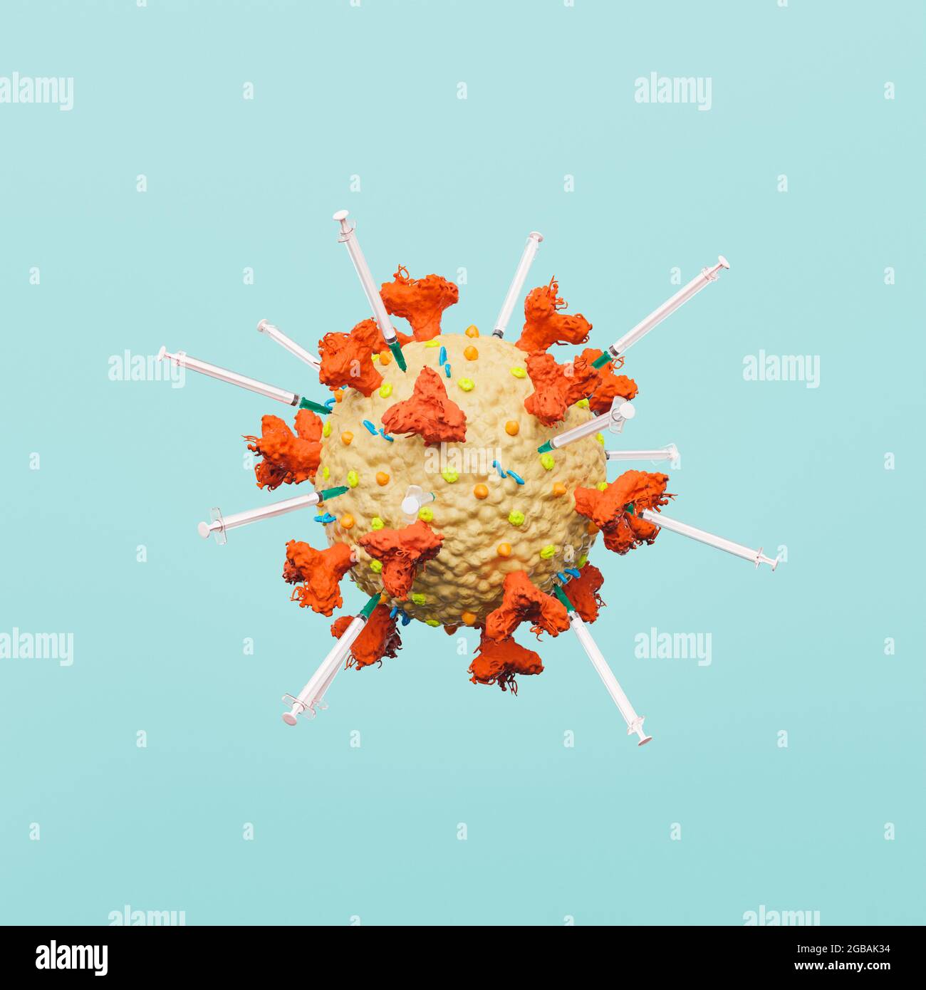 coronavirus cell with syringes. vaccination concept, end of the ...