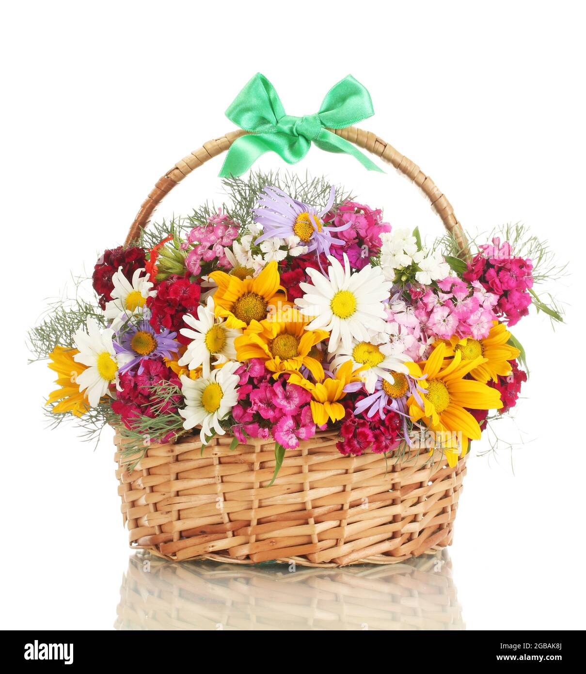 beautiful bouquet of bright wildflowers in basket, isolated on white ...