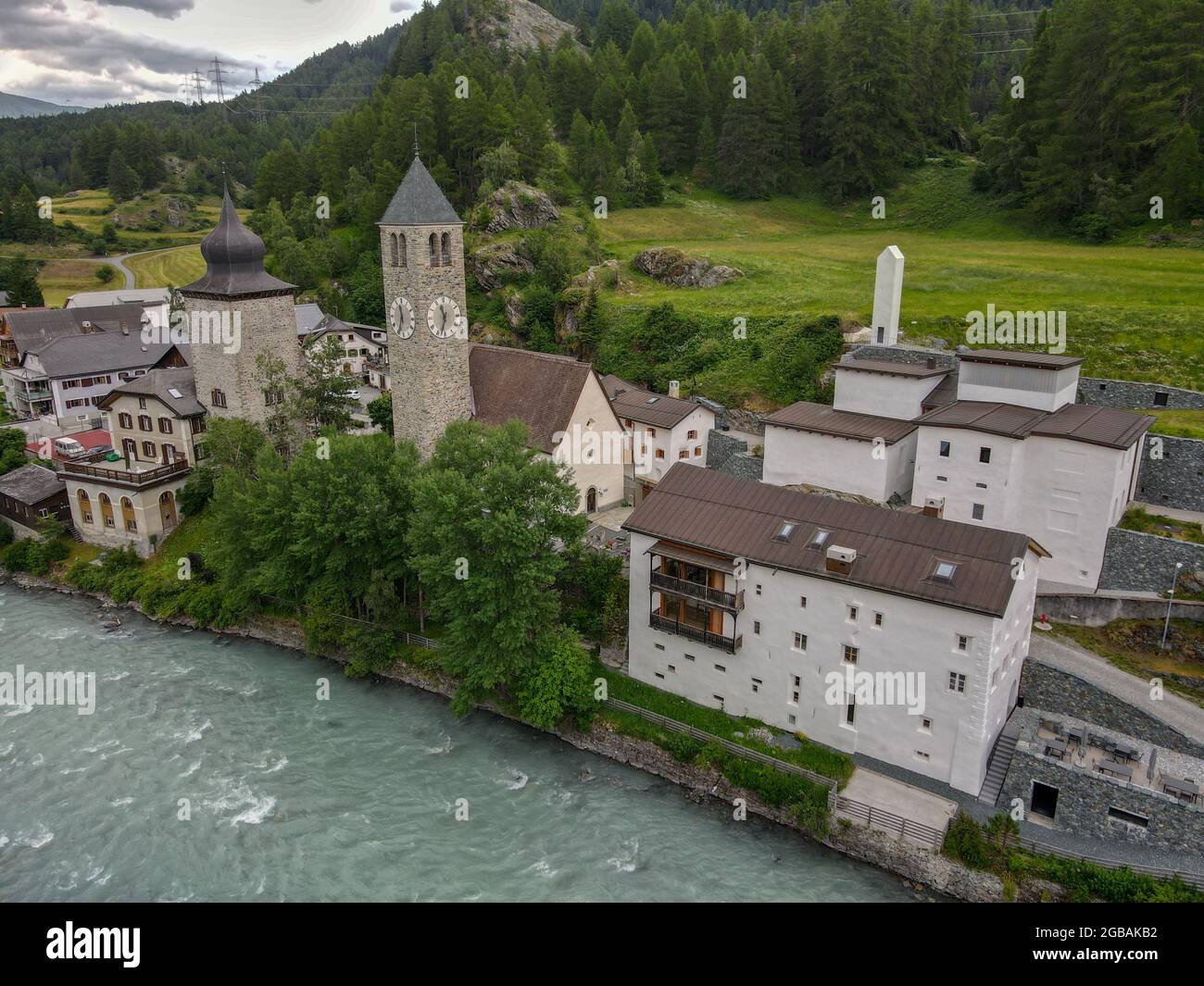 Drone view at the village of Susch on the Swiss alps Stock Photo - Alamy