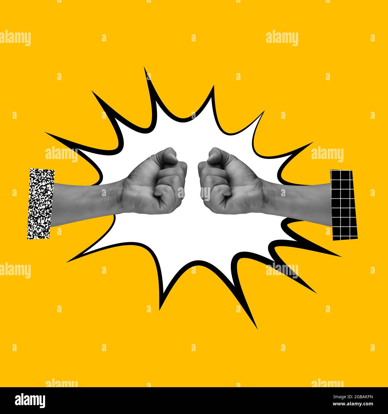 Composition with male hands gesturing on bright yellow background ...