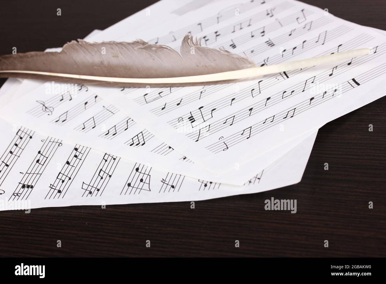Musical notes and feather on wooden table Stock Photo - Alamy