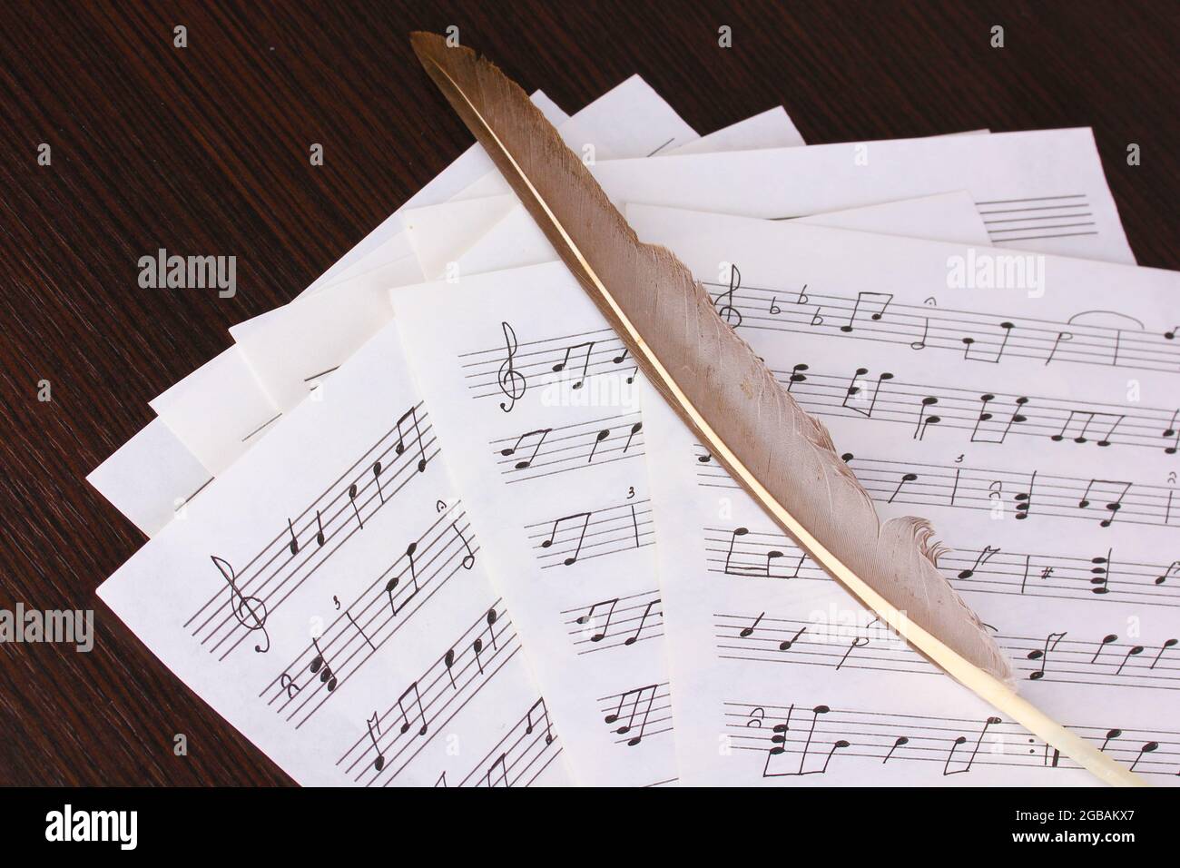 Musical notes and feather on wooden table Stock Photo - Alamy