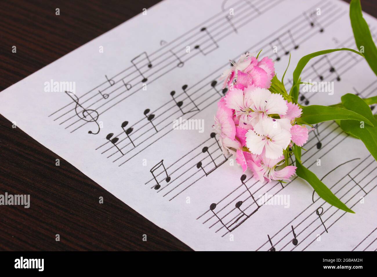 Musical notes and flower on wooden table Stock Photo - Alamy
