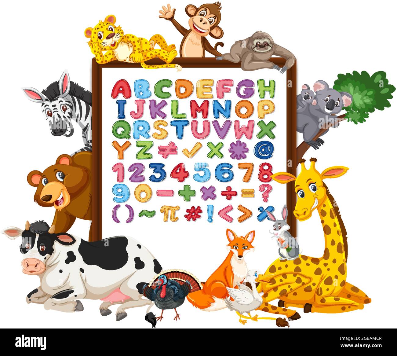 Alphabet A-Z and math symbols on a board with wild animals illustration ...