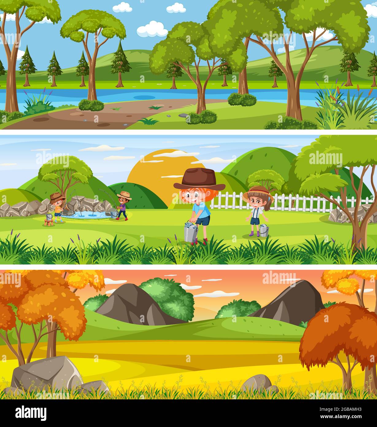 Different nature landscape at daytime scene with cartoon character ...