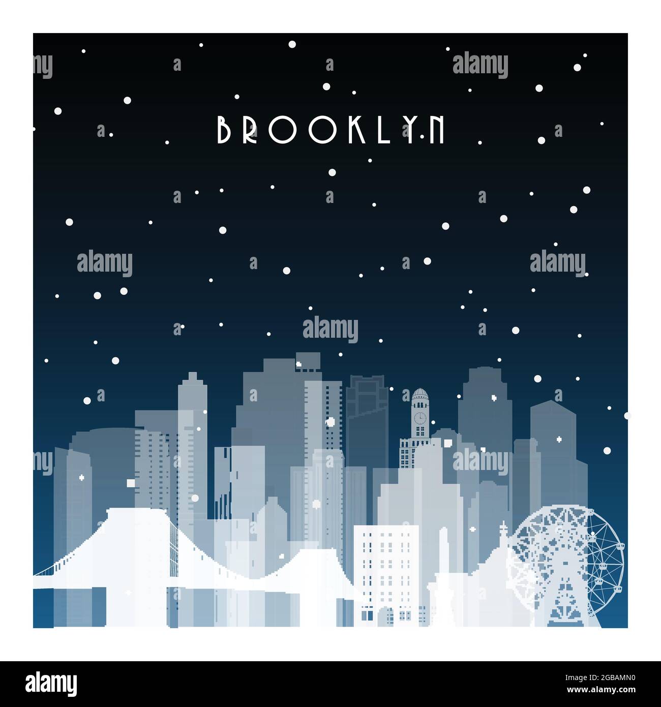 Winter night in Brooklyn. Night city in flat style for banner, poster ...