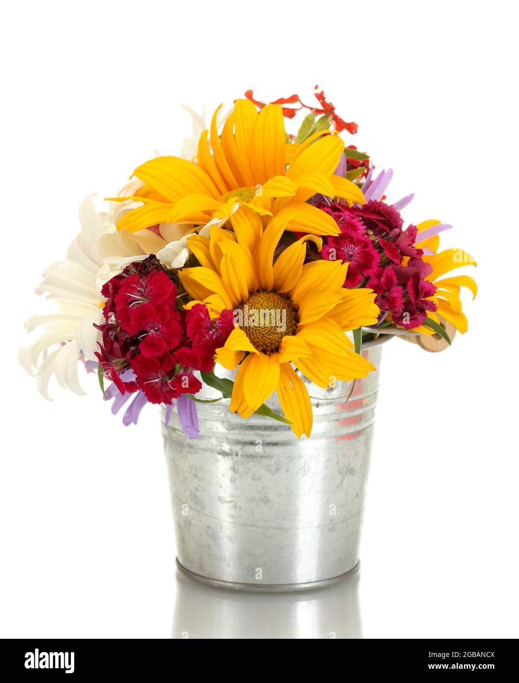 beautiful bouquet of bright wildflowers in bucket, isolated on white ...