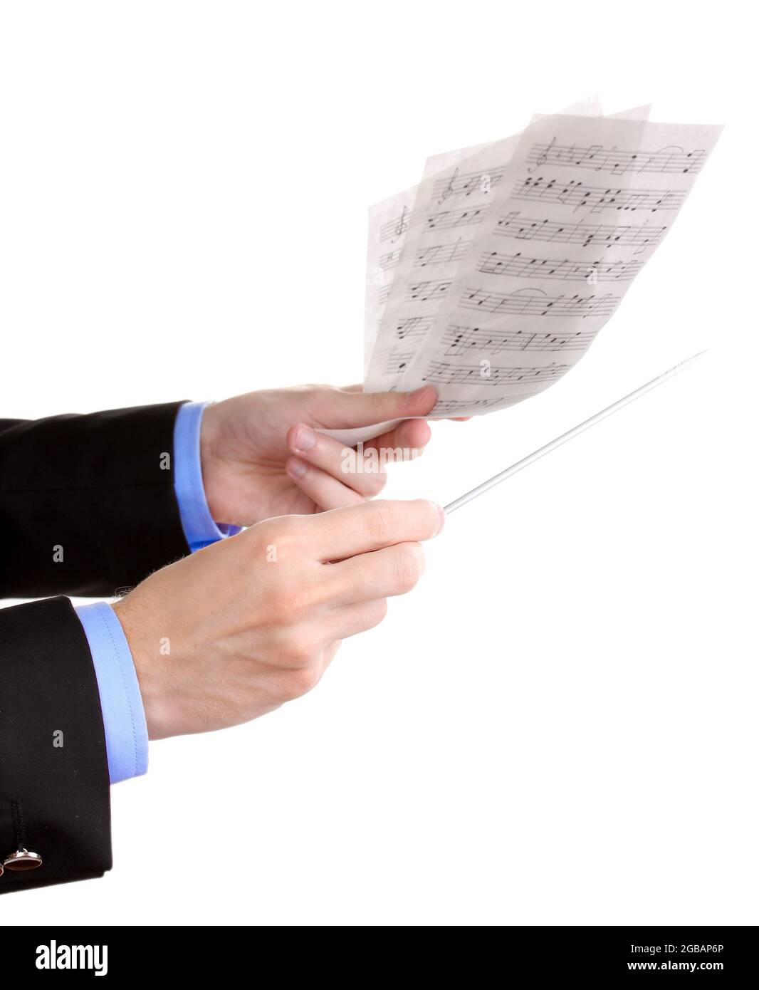 Music conductor hands with baton and notes isolated on white Stock ...