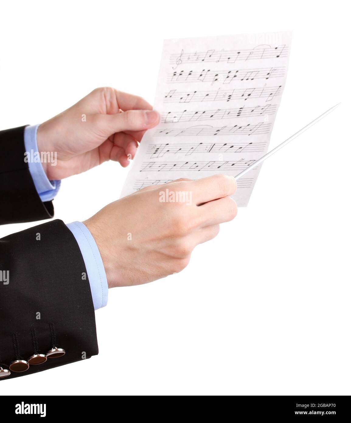 Music conductor hands with baton and notes isolated on white Stock ...