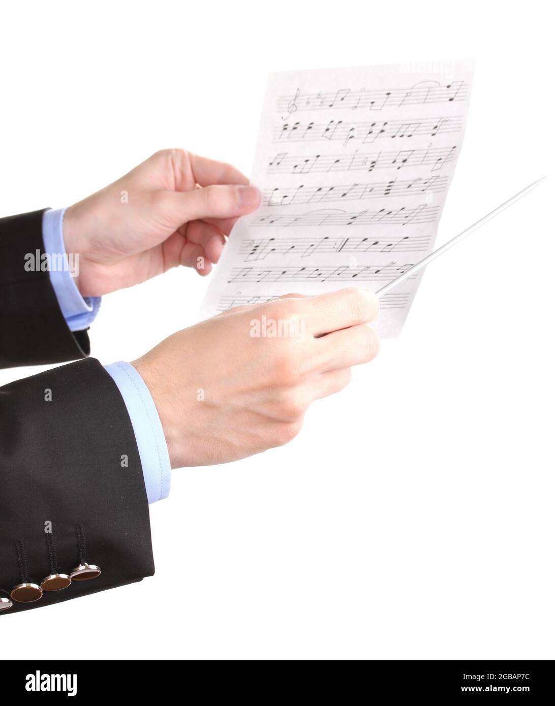 Music conductor hands with baton and notes isolated on white Stock ...