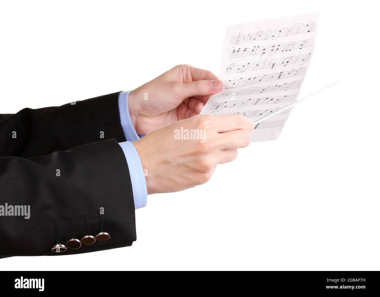 Music conductor hands with baton and notes isolated on white Stock ...
