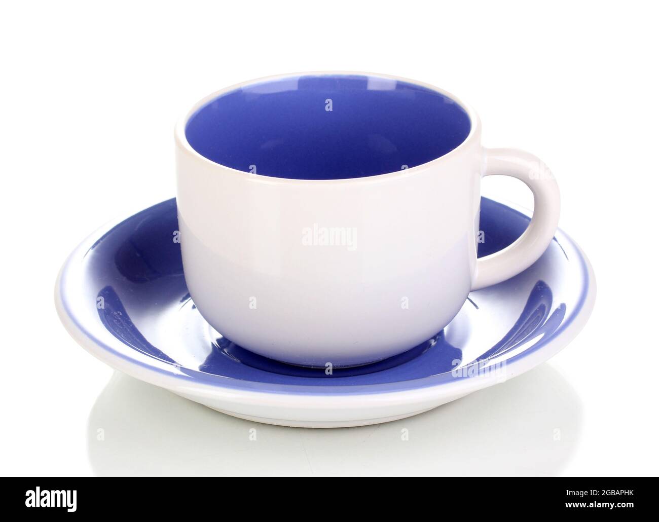 White-blue cup and saucer isolated on white Stock Photo - Alamy