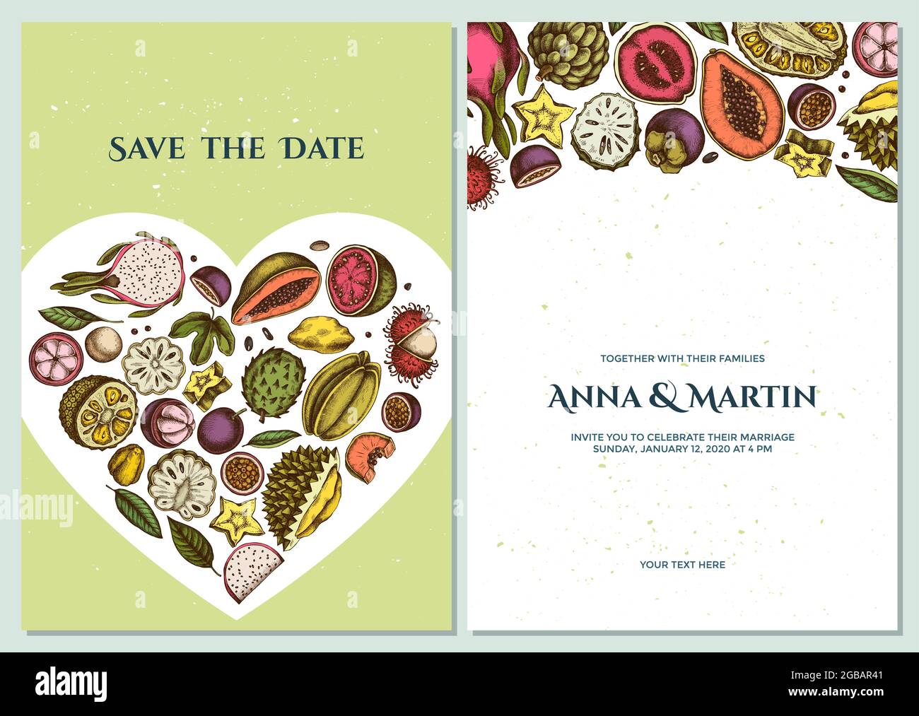 Wedding invitation card with colored papaya, guava, passion fruit ...