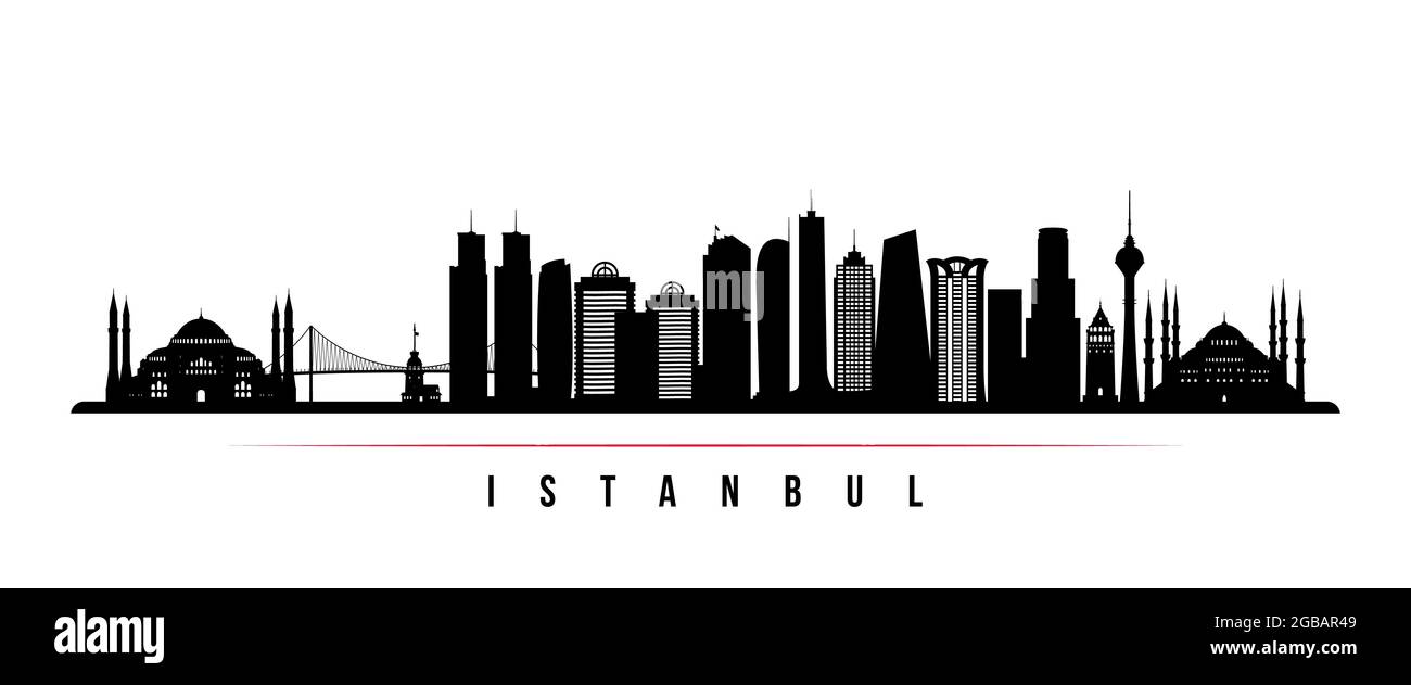 Istanbul city skyline horizontal banner. Black and white silhouette of ...