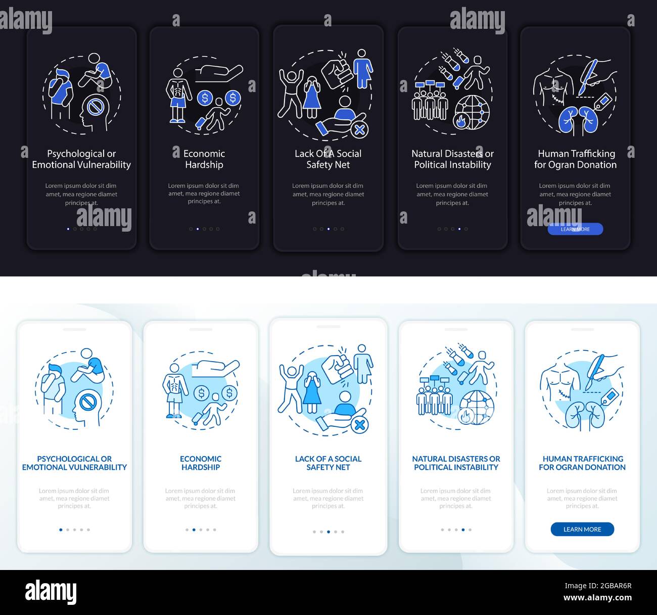 Trafficking reason day, night mode onboarding mobile app page screen ...