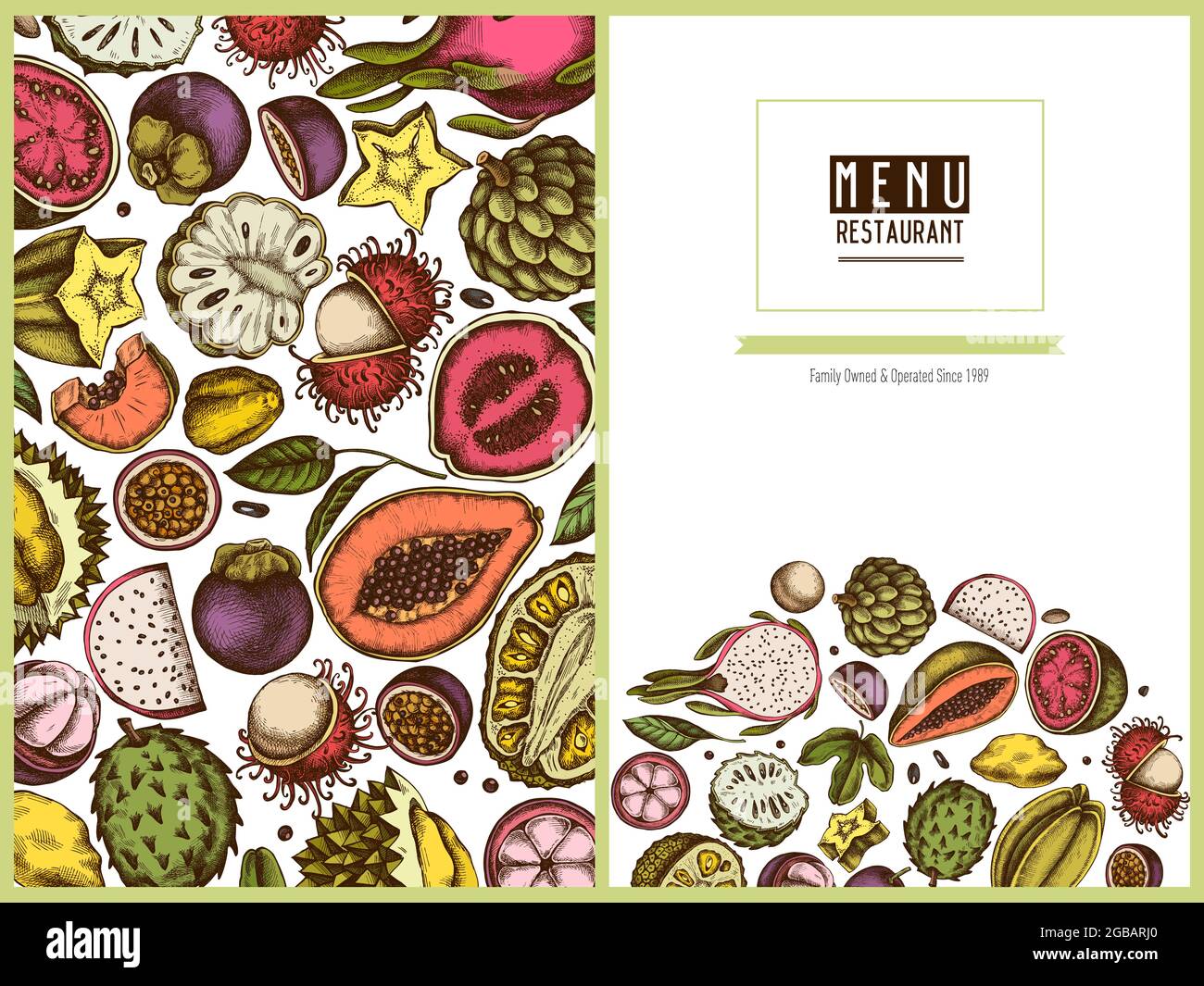 Menu cover design with colored papaya, guava, passion fruit, starfruit ...