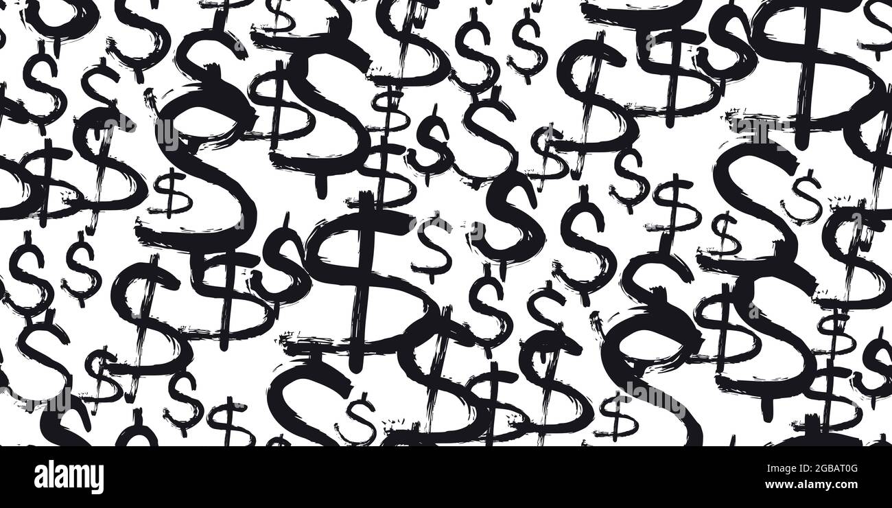 Seamless Pattern of the symbols of dollar currency. Black and white ...
