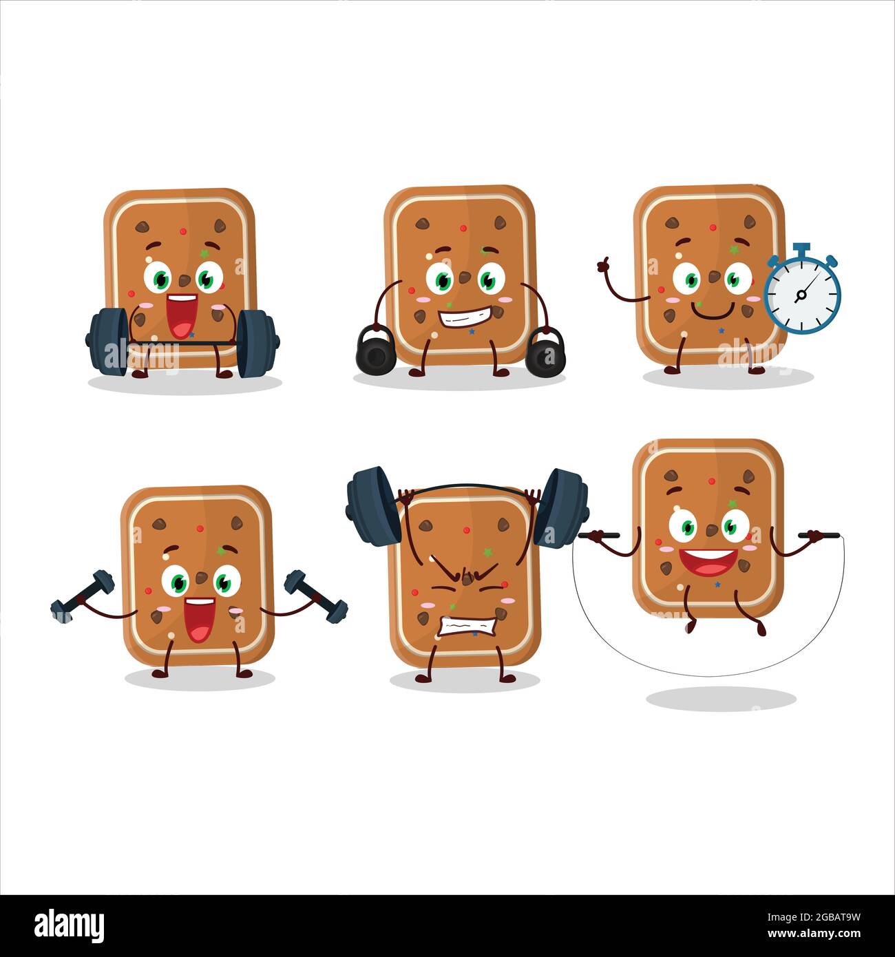 A healthy gingerbread cartoon style trying some tools on Fitness center ...