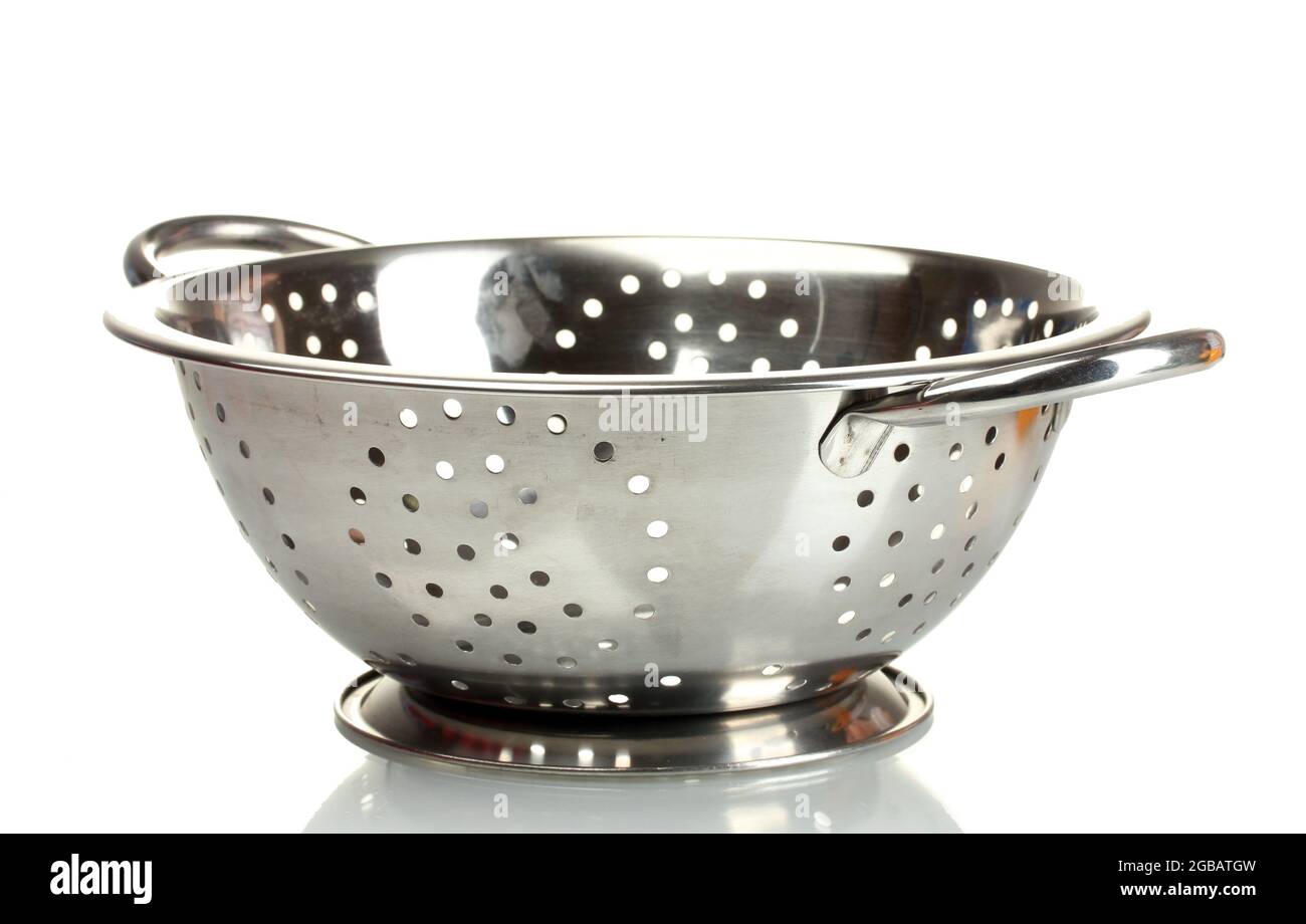 empty silver colander isolated on white Stock Photo - Alamy