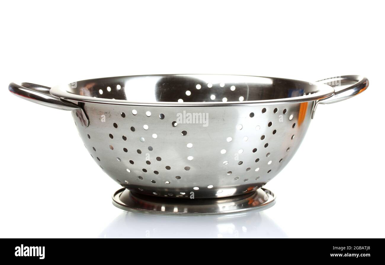 empty silver colander isolated on white Stock Photo - Alamy