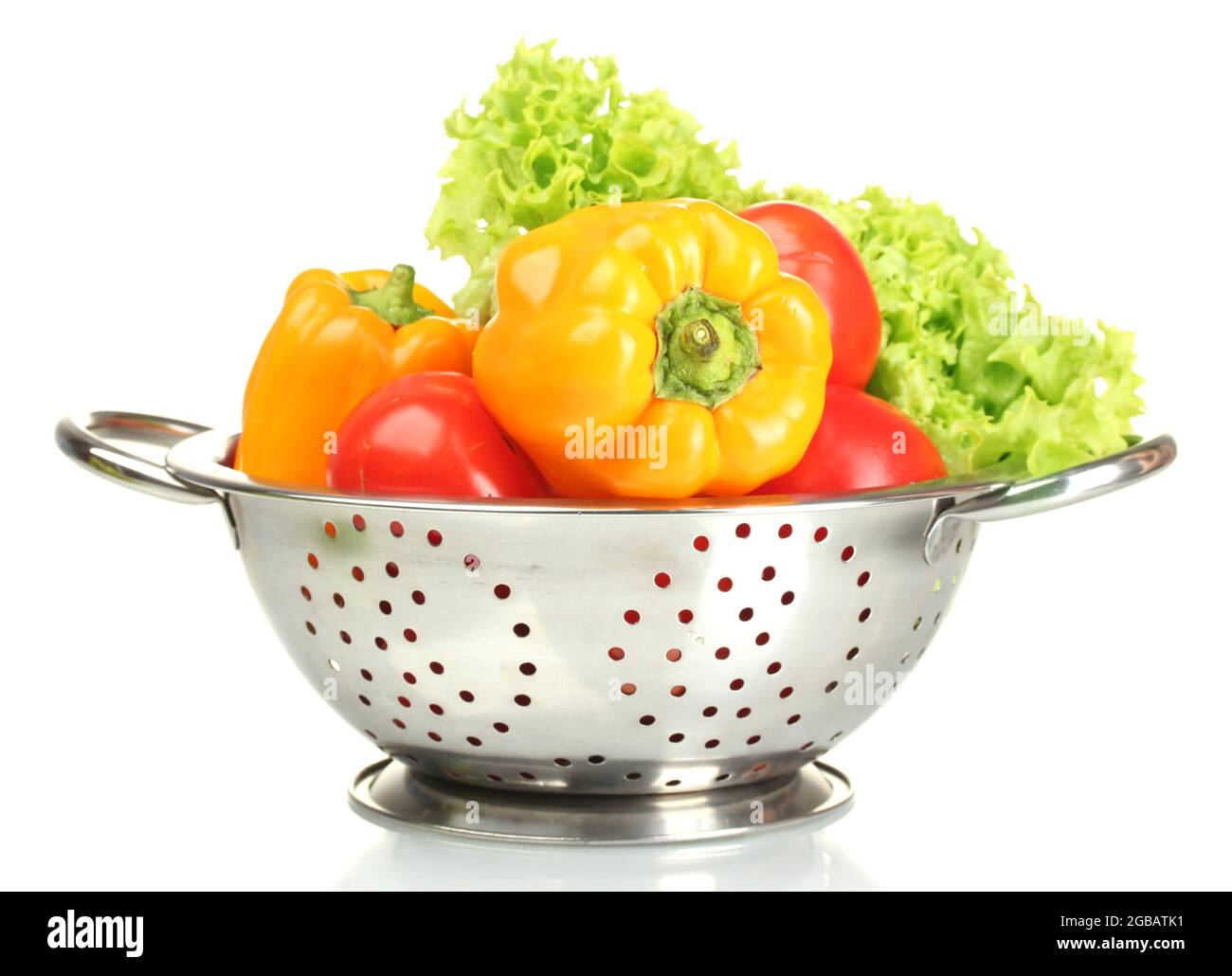 fresh vegetables in silver colander isolated on white Stock Photo - Alamy