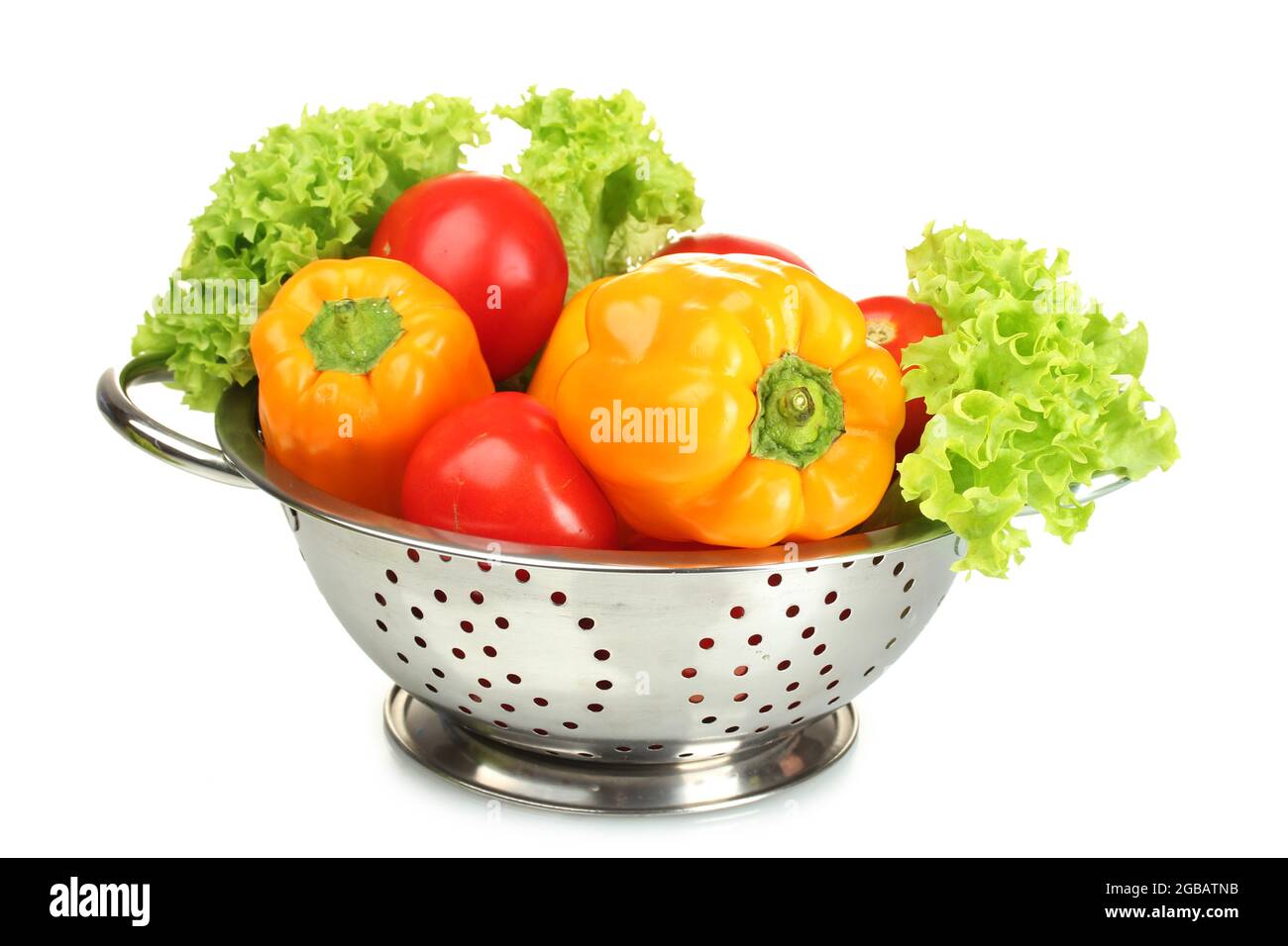 fresh vegetables in silver colander isolated on white Stock Photo - Alamy