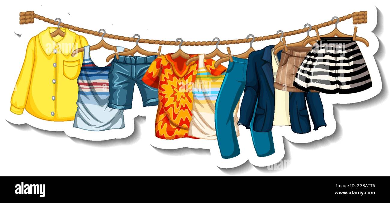 A sticker template of Clothes racks with many clothes on hangers on ...