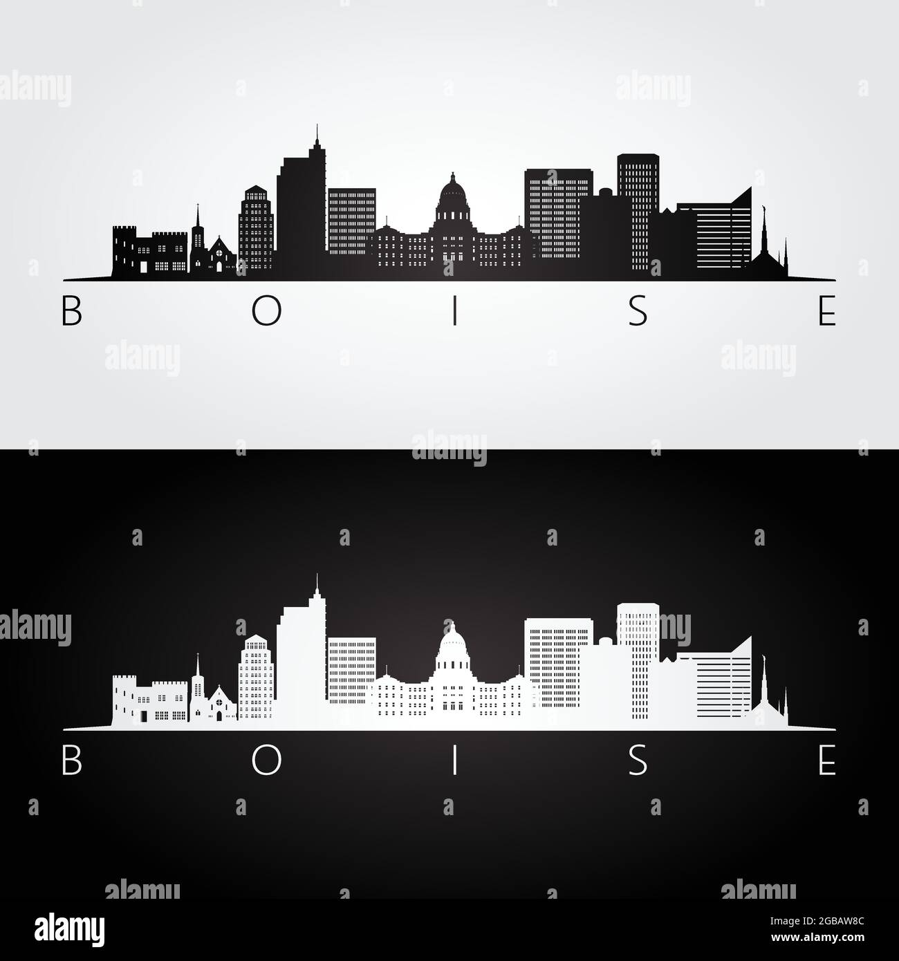 Boise USA skyline and landmarks silhouette, black and white design ...