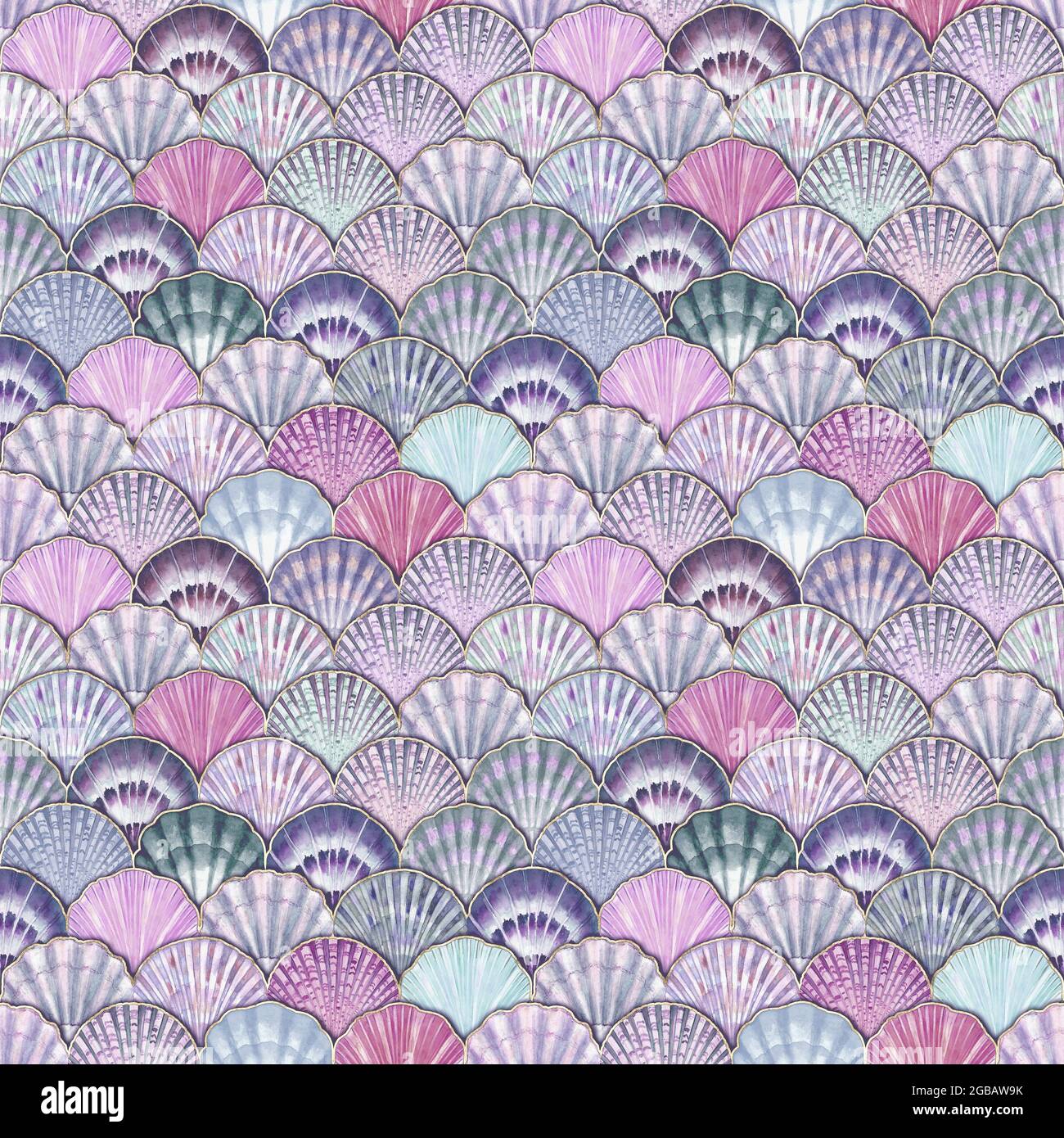 Watercolor sea shell japanese waves seamless pattern. Hand drawn ...