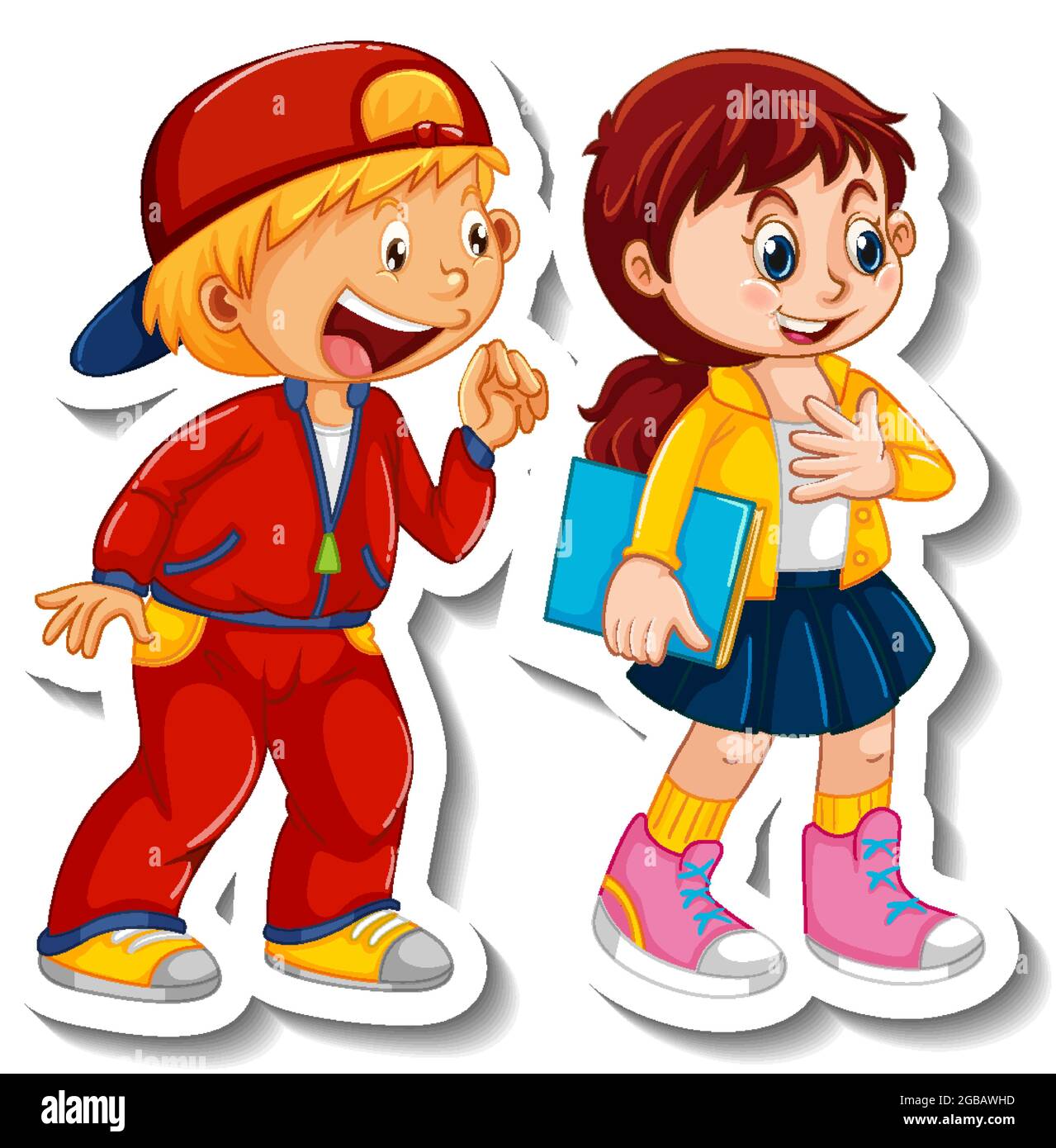 Sticker template with couple of kids students cartoon character ...